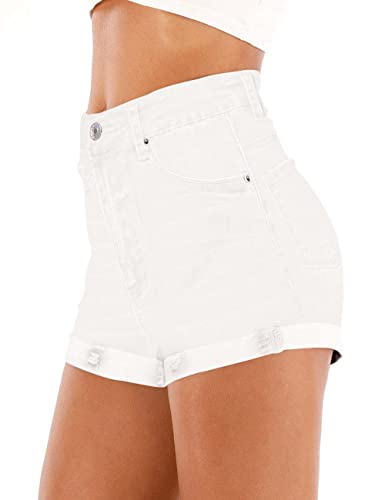 Cuihur Women's Casual High Waisted Stretchy Denim Shorts Ripped Folded Hem Jeans Shorts White 16