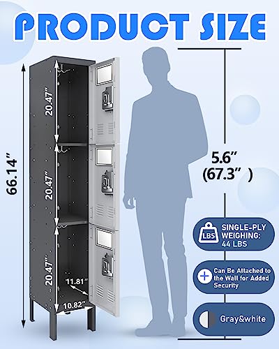 KAER 3 Doors Metal Locker,Lockable Storage Cabinet,Metal Lockers for Employees,Locker for School, Gym, Home, Office, Garage Storage Cabinet with Mirror Hook and Assembly Tool (Off-White, Unassembled)