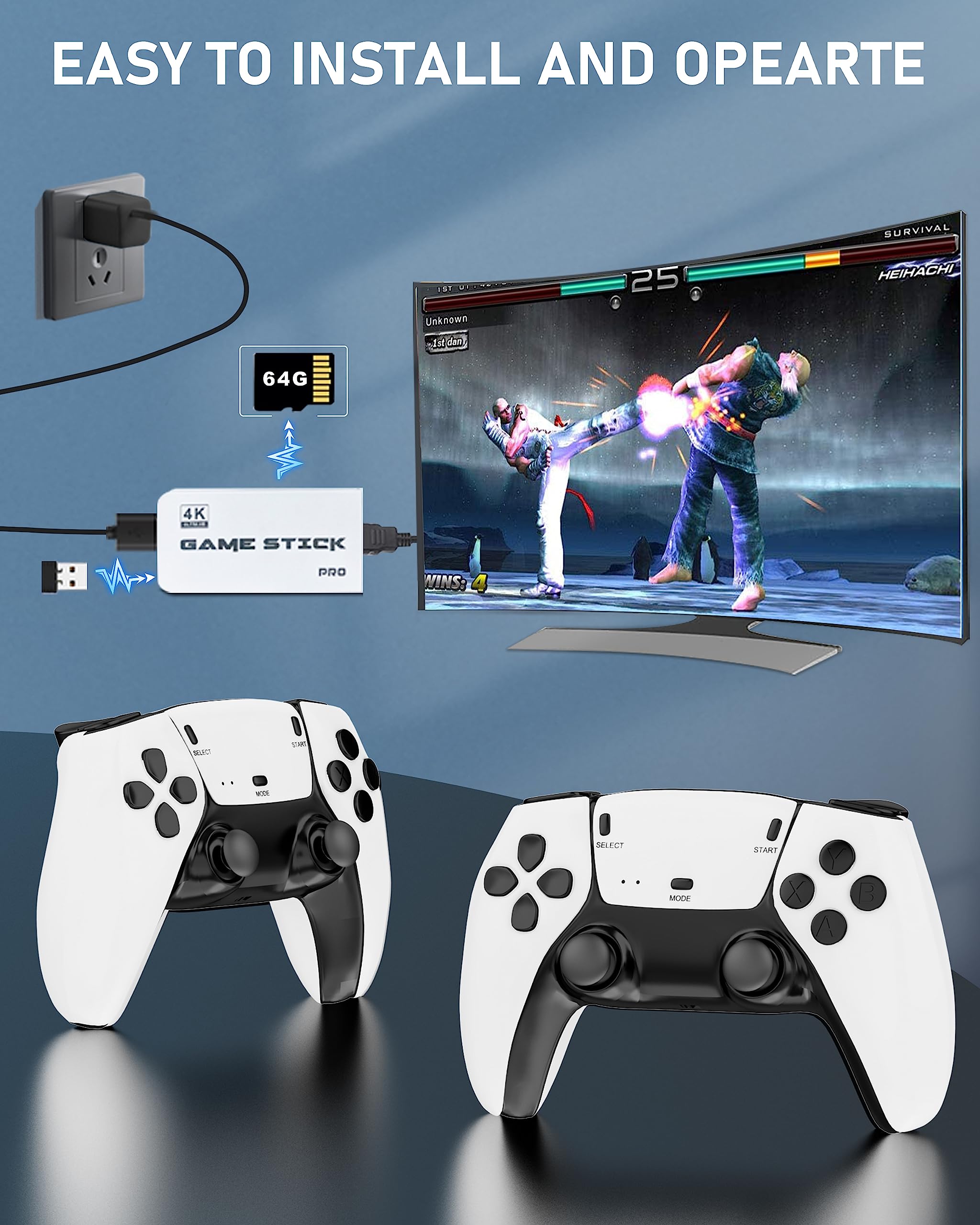 AFU Wireless Retro Game Stick - 20000+ Games, HD Output System Built in 23 Emulators Plug and Play Video Game Consoles with 2.4G Wireless Controllers,64GB TF Card for Gamers of All Ages, White