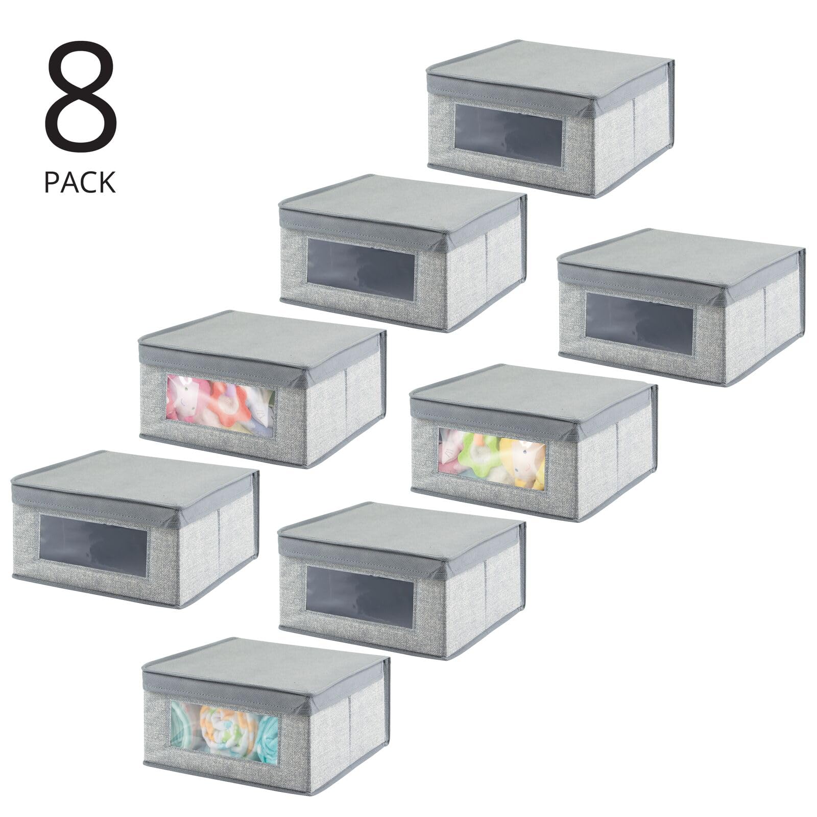 mDesign Fabric Baby Nursery Storage Organizer Chest with Window/Lid - Soft and Sturdy Toy Box for Doll Clothes, Animal, Dress Up Wardrobe, Accessories, Lido Collection, 8 Pack, Gray