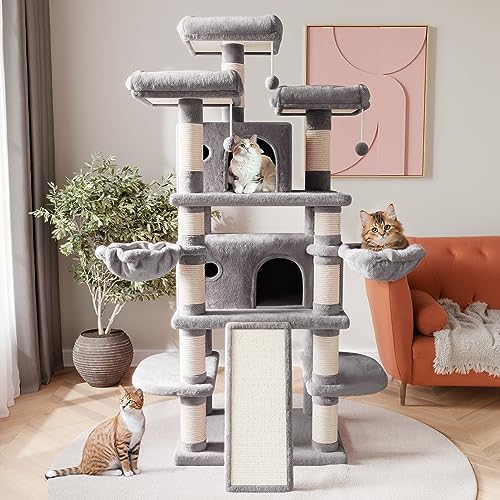 SHA CERLIN 68 Inches Multi-Level Large Cat Tree for Large Cats/Big Cat Tower with Cat Condo/Cozy Plush Cat Perches/Sisal Scratching Posts and Hammocks/Cat Activity Center Play House, Grey