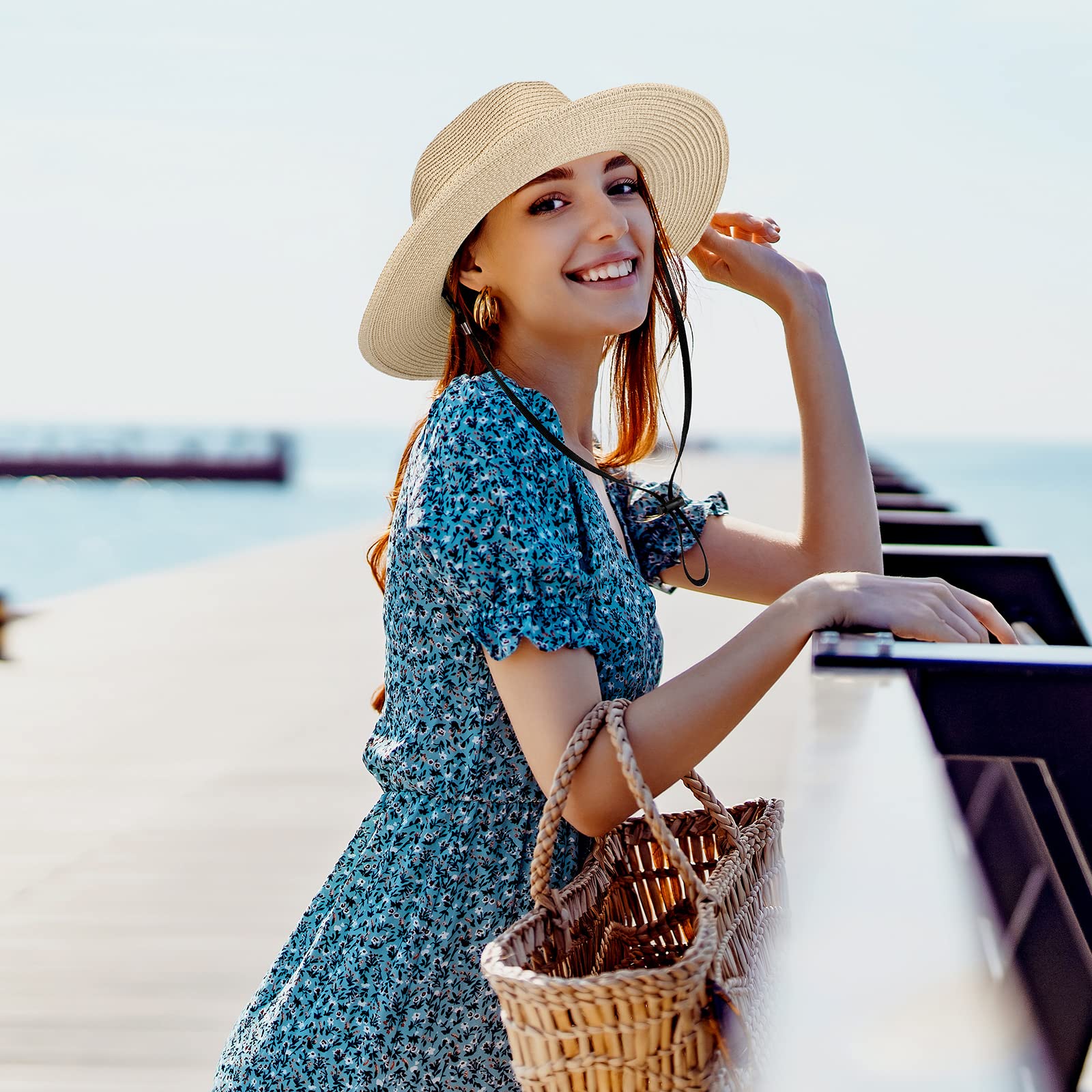 6 Pcs Panama Sun Hat Wide Brim Straw Hat with Wind Lanyard Sun Protection Foldable Beach Hat for Women Men Summer Travel Vacation