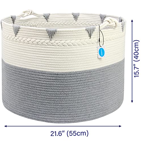 Casaphoria XXXXLarge Cotton Rope Blanket Basket 22in x 22in x 16in Woven Laundry Hamper Laundry Baskets Storage Basket for Towel, Diaper, Laundry Basket(pack of 1), Gray (MB2021046)