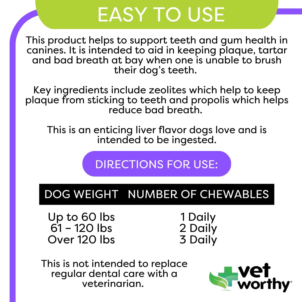 Vet Worthy Chewable Toothpaste - Dog Teeth Cleaning Chews with Propolis & Zeolites - Toothpaste for Dogs - Dog Tartar Remover for Teeth & Dog Chews for Cleaning Teeth - 60ct (Chicken Liver)