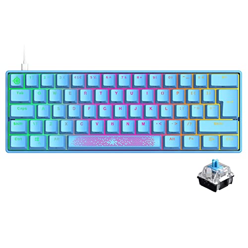 60% Mechanical Gaming Keyboard Mini Portable with RGB Backlit Full Anti-Ghosting 61 Key Ergonomic Metal Plate Wired Type-C USB Waterproof for Typist Laptop PC Mac Gamer(Blue Keycap/Blue Switch)