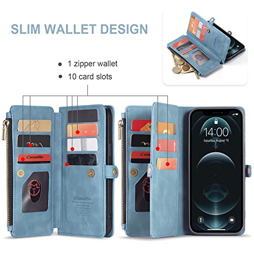 CaseMe Logo View for iPhone 13 Pro Max Magsafe Wallet Case Credit Card Holder,PU Leather Flip Lanyard Strap Wristlet Zipper Wireless Charging Women Men for iPhone 13 Pro Max Phone case(Tiffany Blue)