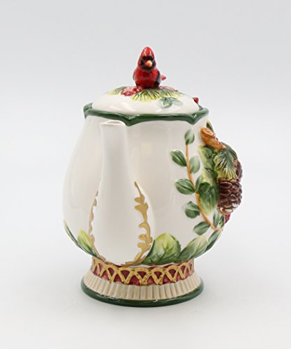Fine Ceramic Hand Painted Cardinal and Evergreen Pine Cone Design with Red Ribbon Handle Teapot, 8-1/8" L