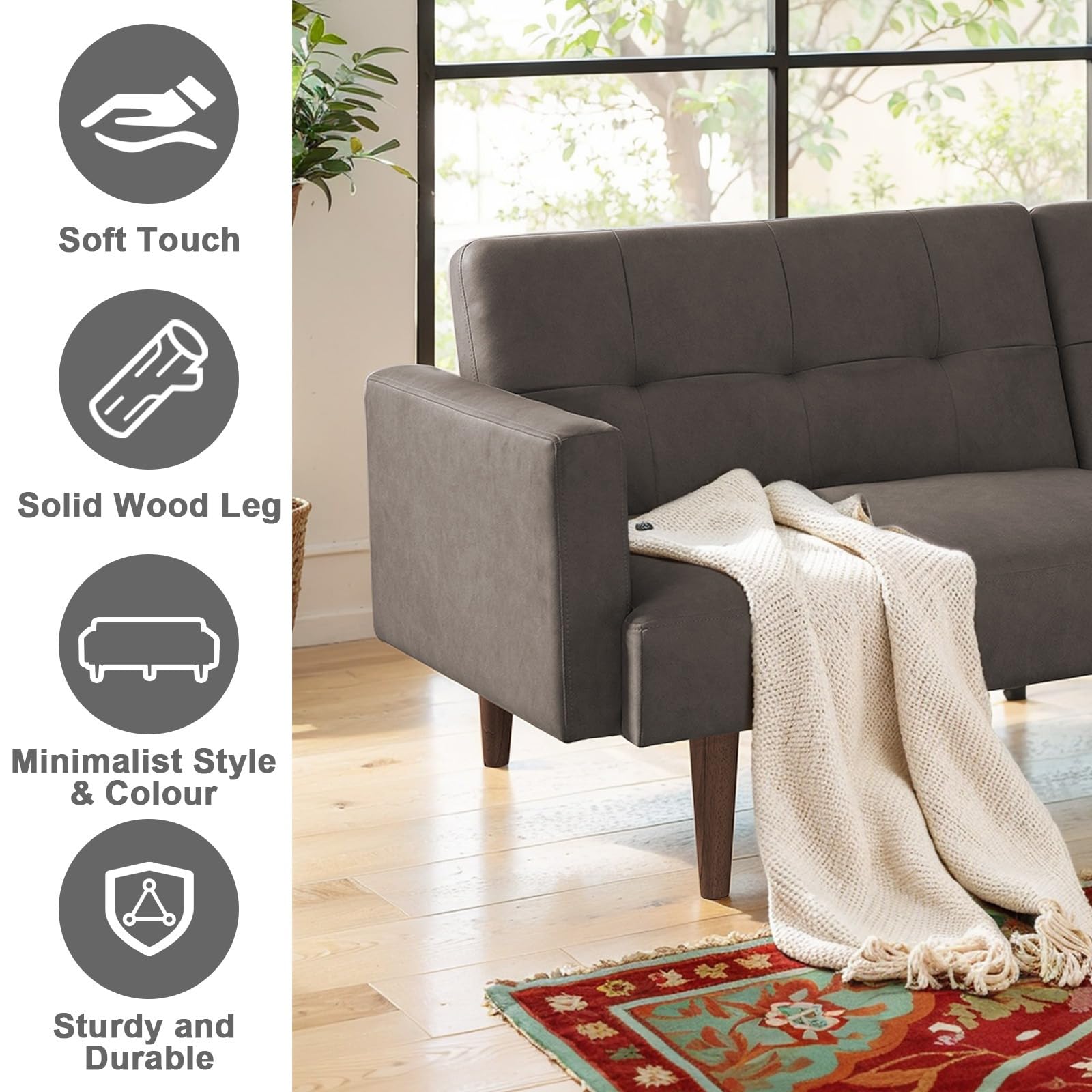 Artfurniz Folding Futon Sofa Bed: Reclining Sleeper Loveseat Convertible Modern Faux Leather Couch for Living Room Bedroom Apartment Solid Wood Leg, Dark Grey