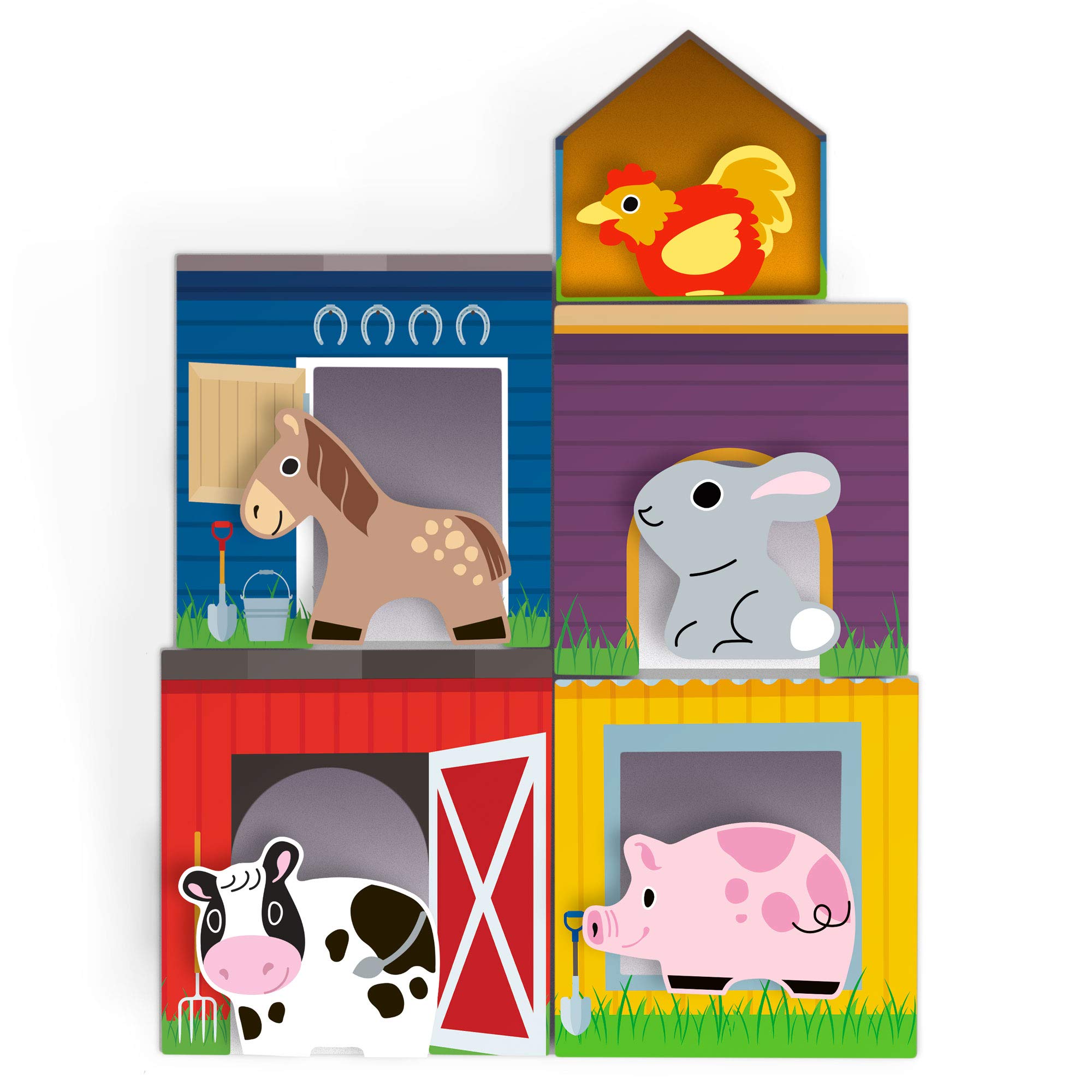 Friendly Farm Match 'n Stack Nesting Blocks | 5 Barnyard Pals & Stackable Home Boxes | Wooden Animals Fit into Colorful Cube Shapes | Includes Chicken, Cow, Pig, Horse, and Rabbit | Classic Kids Toy