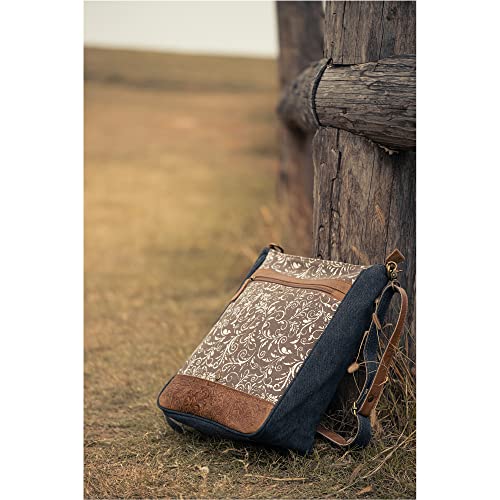 ANNGOTI Canvas & Cowhide Shoulder Bag for Women, Vintage Style with Genuine Leather, Handmade Print Crossbody Bag with Zipper Top & Adjustable Strap