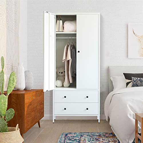 CJF Metal Storage Wardrobe with Hanging Rod, Armoire with 2 Doors and 2 Drawers,Steel Wardrobe Closet for Home, Office 74" H x 31.5" W x 20" D (White)