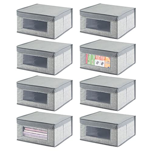 mDesign Medium Fabric Stackable Closet Storage Organizer Box with Front Window/Lid for Bedroom, Office, Mudroom Organization, Hold Clothes, Blankets, Linens, Lido Collection, 8 Pack, Gray