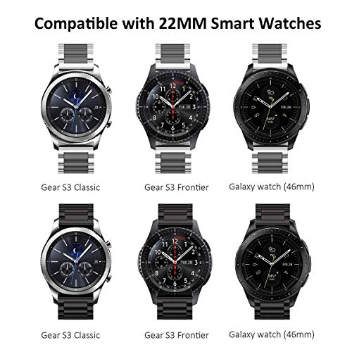 valkit Compatible Galaxy Watch 46mm/Galaxy Watch 3 45mm Bands, 2 Pack 22mm Stainless Steel Solid Metal Wrist Band Business Strap + Screen Protector for Gear S3 Frontier/Classic, Sliver/Black+Black