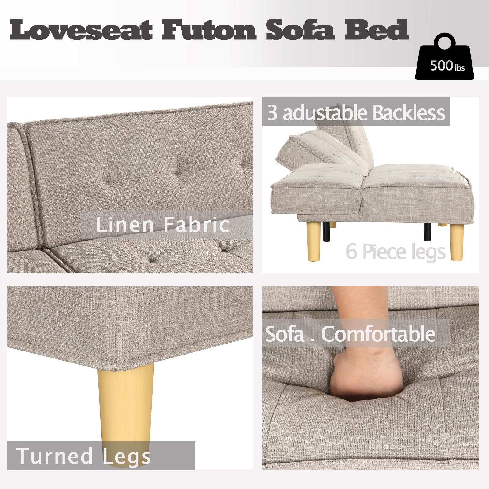 Furrich Convertible Futon Sofa Bed, Loveseat Foldable Futon Couch Adjustable Backrest, Small Futon Couch for Living Room, Small Space, Apartment, Beige Fabric 307BG