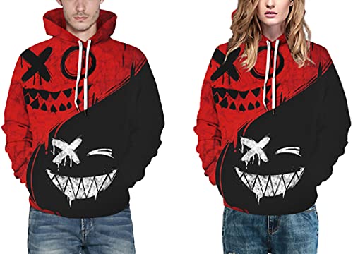 Chaos World Men's Novelty Hoodie Long Sleeves 3D Funny Graphic Print Sweatshirt Pullover(X-Large,Black Red)