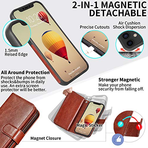 CASEOWL Wallet Case Compatible for iPhone 12/12 Pro, Magnetic Detachable Slim Case with 9 Card Slots, Hand Strap,Compatible for iPhone 12/12 Pro 6.1 inch 2020, 2 in 1 Folio Leather Wallet Case(Brown)