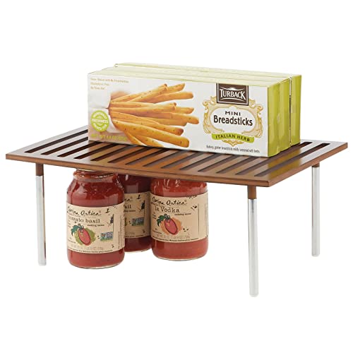 mDesign Natural Bamboo Slated Storage Shelf with Steel Legs - Food and Kitchen Organizer for Cabinets, Pantry Shelves, Countertops, Stackable - Brown