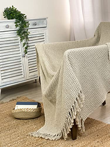 Chardin home Stonewash Beige Waffle Weave Throw, 50x60 Inch 100% Cotton- Large, Wearable, Breathable, Skin-Friendly & Cozy Everyday use Blanket for Couch, Bed, Sofa - Soft & Lightweight Picnic Throw