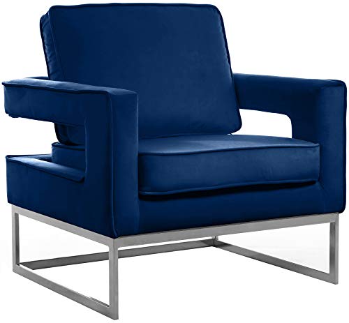 Meridian Furniture Noah Collection Modern | Contemporary Velvet Upholstered Accent Chair with Durable Stainless Steel Base, Navy, Chrome Base