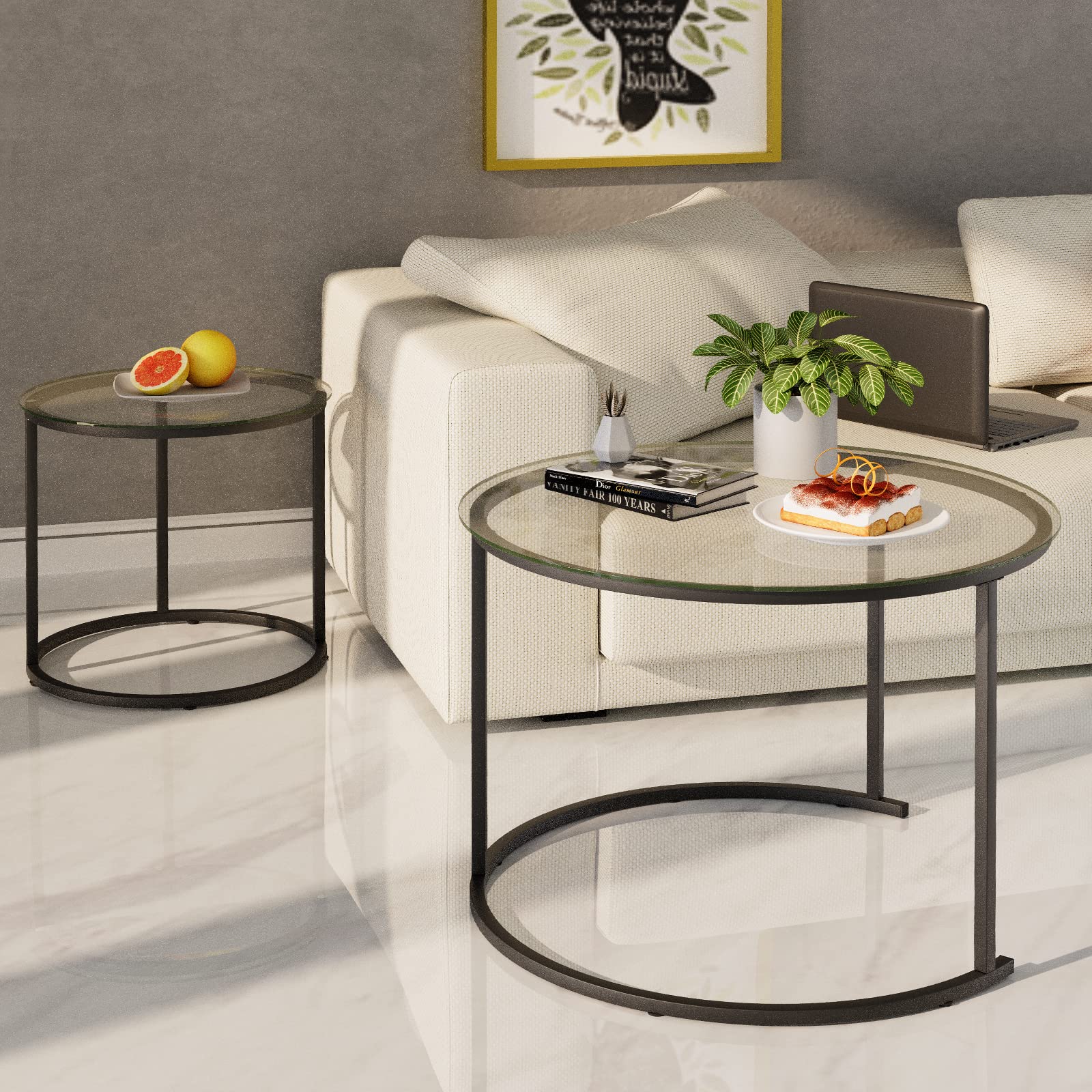 Azheruol Nesting Coffee Table Set of 2,Modern Black Tempered Glass Side Table, Metal Frame Round End Table.Small Glass Tea Table for Living Room,Bedroom Studio Apartment Essentials,17.7IN