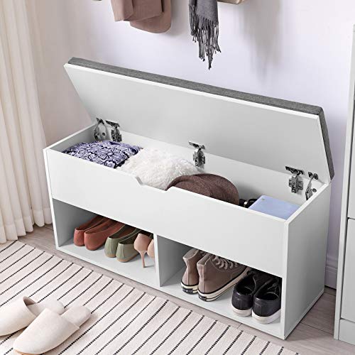 VASAGLE Shoe Bench, Storage Bench with 2 Open and 1 Closed Compartments, Shoe Shelf, Padded Seat, for Entryway, Living Room, Bedroom, White and Gray LHS021W01