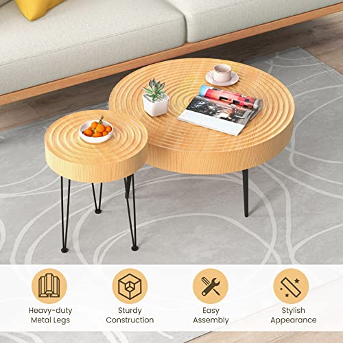 GOFLAME Round Coffee Table Set of 2, Farmhouse Boho End Tables with Natural Finish & Wood Ring Motif, Solid Wood Nesting Side Tables with Metal Legs & Adjustable Foot Pads for Living Room, Bedroom