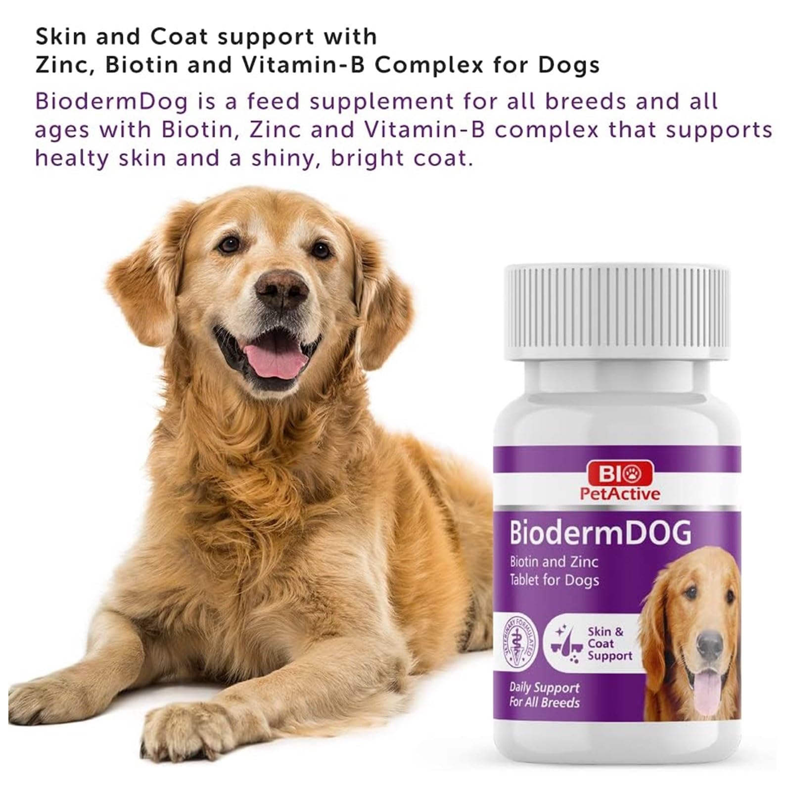 Bio Pet Active BiodermDOG 0.5 Zinc and Biotin Tablets for Dogs, Immune System, Skin, Coat and Nail Support for Dogs, 1.32 oz, 75 Chewable Tablets