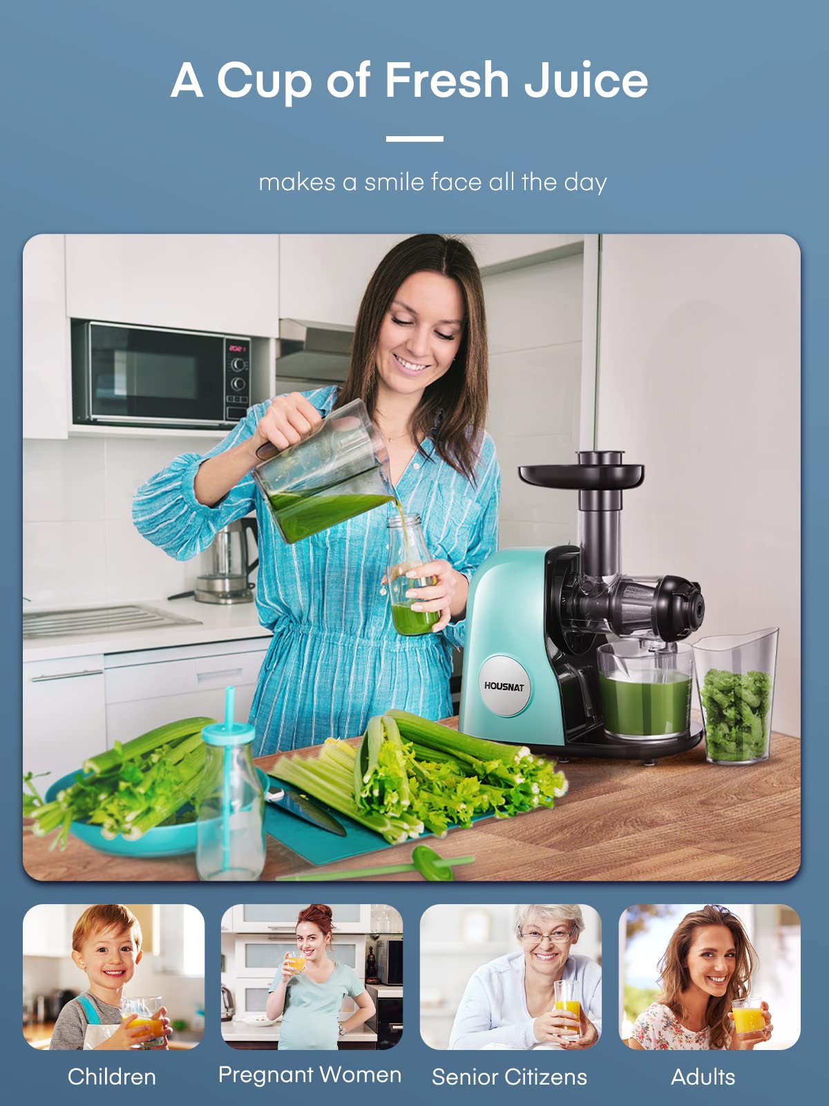 Juicer Machines, HOUSNAT Professional Celery Slow Masticating Juicer Extractor Easy to Clean, Cold Press Juicer with Quiet Motor and Reverse Function for Fruit & Vegetable, Brushes & Recipes Included