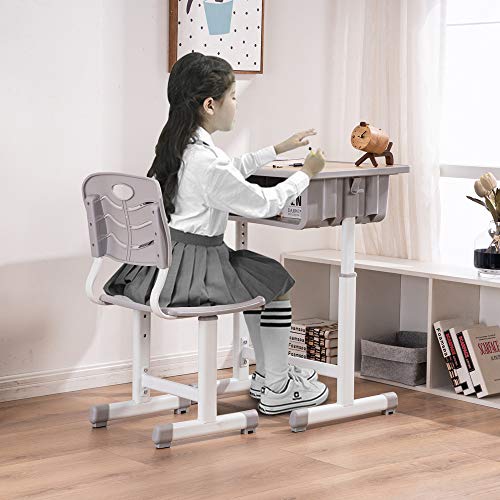 ShowMaven Student Desk and Chair Combo, Height Adjustable Children's Desk and Chair Workstation with Drawer, Pencil Grooves and Hanging Hooks for Home, School and Training (Light Grey&White Oak)