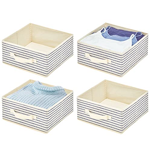 mDesign Soft Fabric Closet Organizer Box with Front Pull Handle for Shelves in Bedroom, Bathroom, Home Office - Holds Clothing, Linens, Accessories, Lido Collection, 4 Pack, Natural/Cobalt Blue Stripe