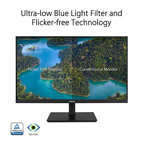 ASUS VA27DQSB 27β Monitor, 1080P Full HD, 75Hz, IPS, Adaptive-Sync, Eye Care, HDMI DisplayPort VGA USB Hub, Frameless, Ergonomic Design, VESA Wall Mountable,BLACK