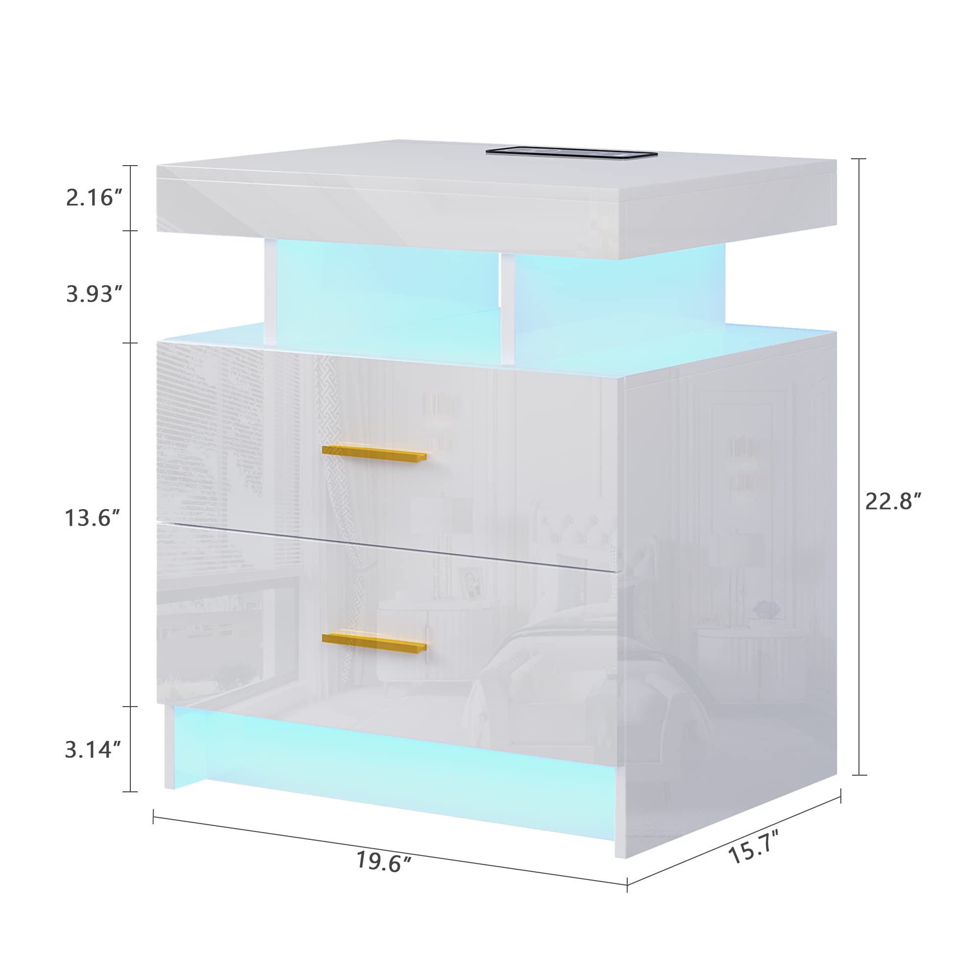 HNEBC Auto LED Nightstands Set of 2,Modern Bedside Table with 2 Ports & Wireless Charging Station,High Gloss Bedside Tables with 2 Drawers,Nightstands for Bedrooms/Living Room (White)