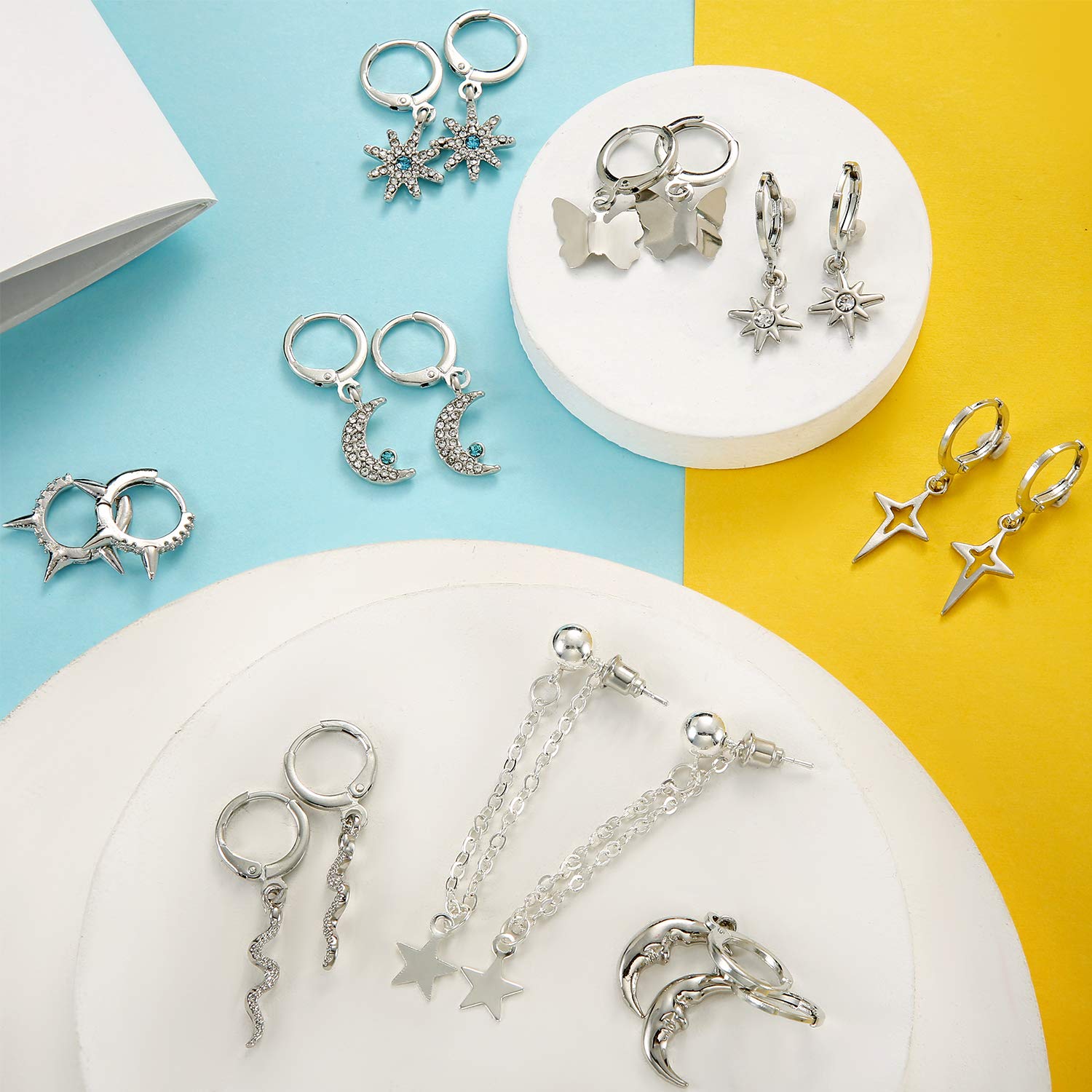 9 Pairs Small Hoop Earring with Charms Huggie Hoop Dangle Earrings Drop Pendant Hoop Earrings for Women (Silver)