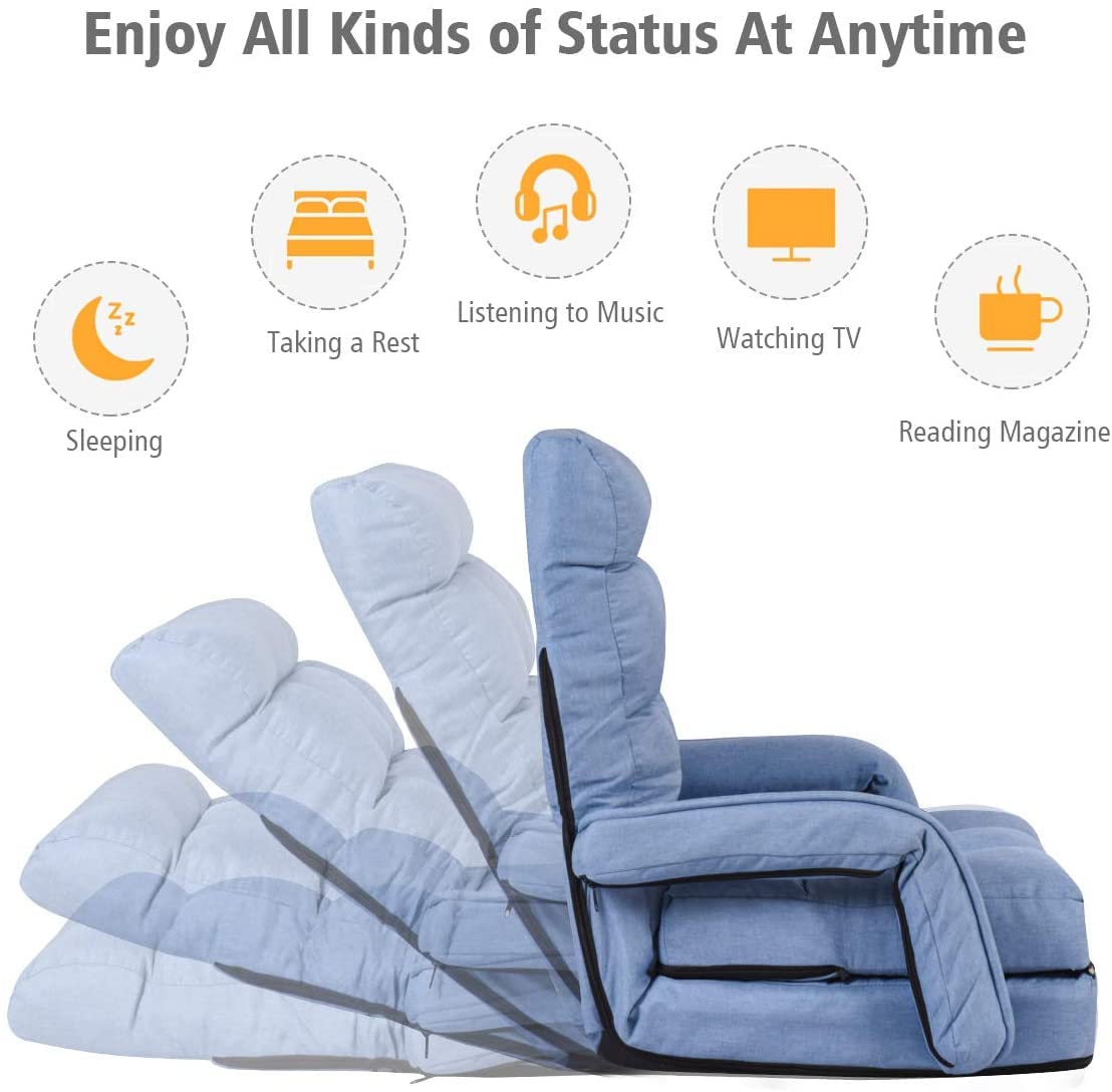 LUARANE Adjustable Massage Floor Sofa Chair, Foldable Lazy Sofa with 5-Position Adjustable Backrest Lumbar Pillow Armrests, Indoor Lounger Bed for Bedroom Living Room (Blue)