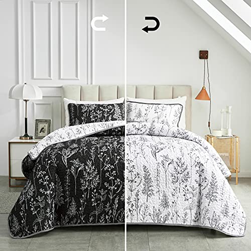 Joyreap 3 Pieces Quilt Set Full/Queen, Black n White Reversible Botanical Design, Smooth Soft Microfiber Quilt, Bedspread Bed Cover for All Season, 1 Quilt and 2 Pillow Shams- 90x90 inches
