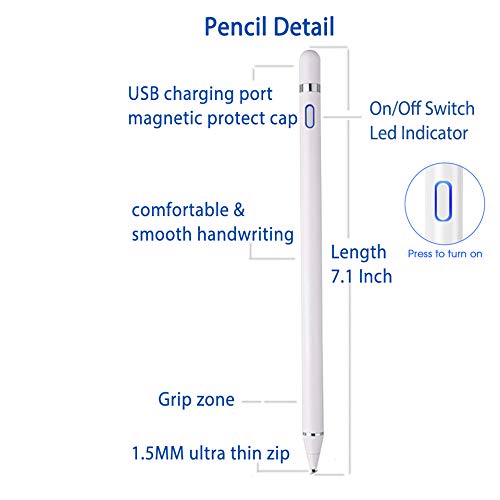 Active Stylus Compatible with Apple iPad, Stylus Pens for Touch Screens,Rechargeable Capacitive 1.5mm Fine Point with iPhone iPad and Other Tablets (White)