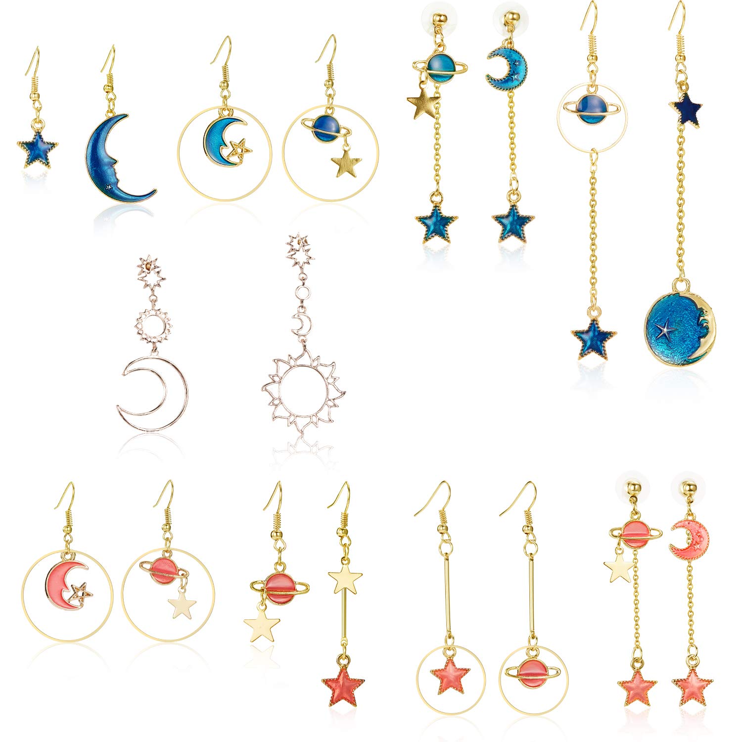 9 Pairs Star Moon Earrings for Women Earth Moon Earrings Dangle Planet Sun Moon Earrings Asymmetric Bohemia Moon Earrings