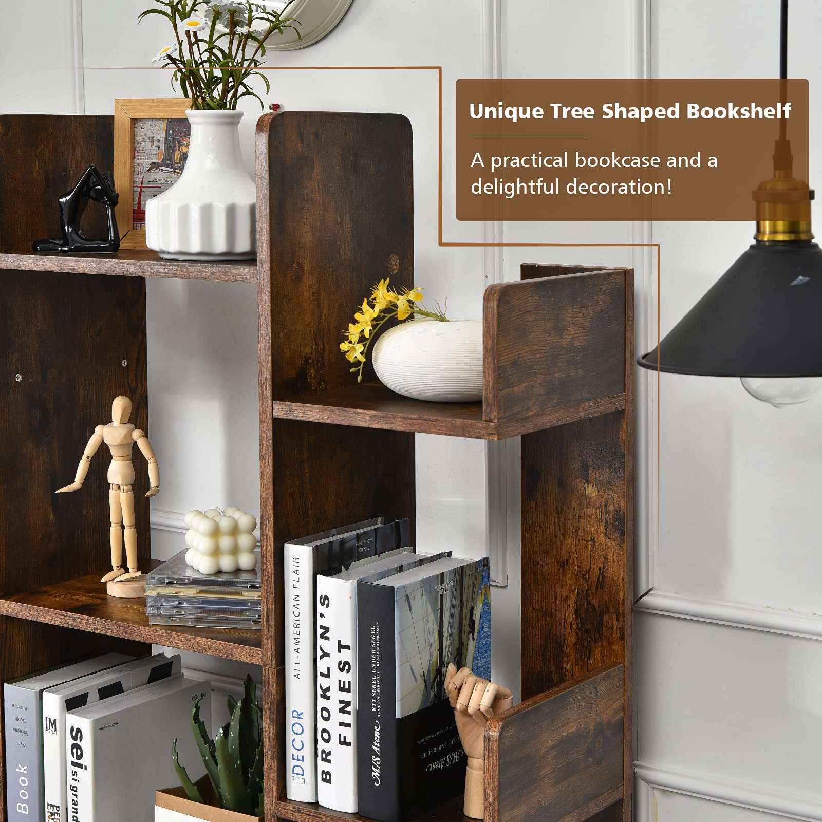 Tangkula Freestanding Tree Bookshelf, Corner Storage Organizer with 13 Open Shelves, Decorative Display Cube Shelf for Living Room, Study, Office, 34 x 9.5 x 55.5 Inch (1, Rustic Brown)