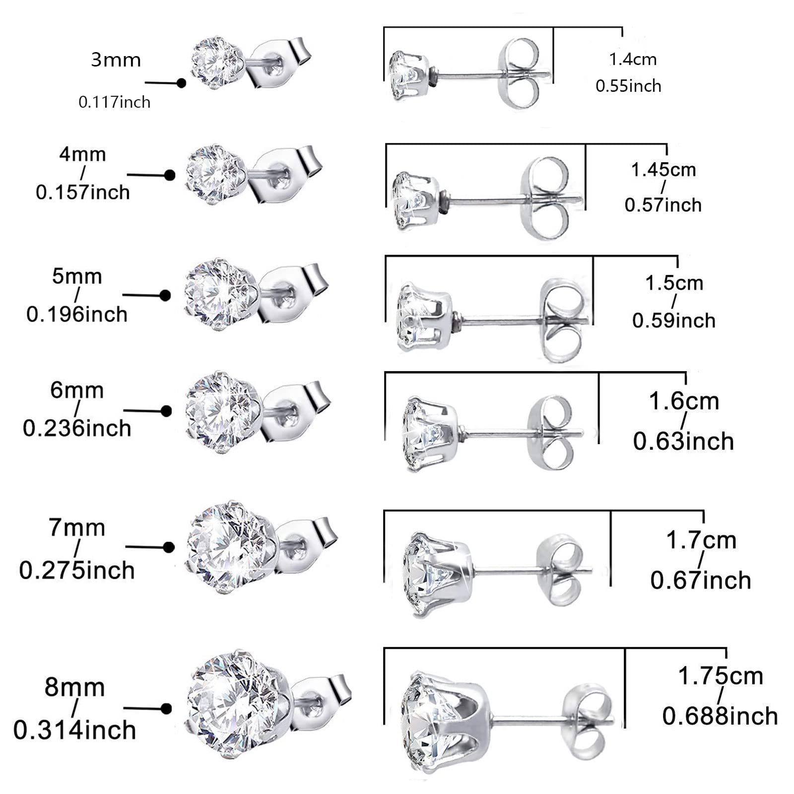 6 Pairs Diamond Earrings for Women Small Diamond Stud Earrings Silver Cubic Zirconia Earring Set Hypoallergenic Diamond Earings 3-8mm