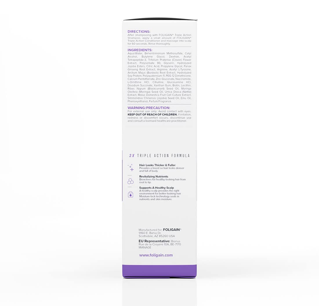 Foligain Triple Action Conditioner For Thinning Hair, Volumizing Conditioner for Women, 8 Fl. Oz.