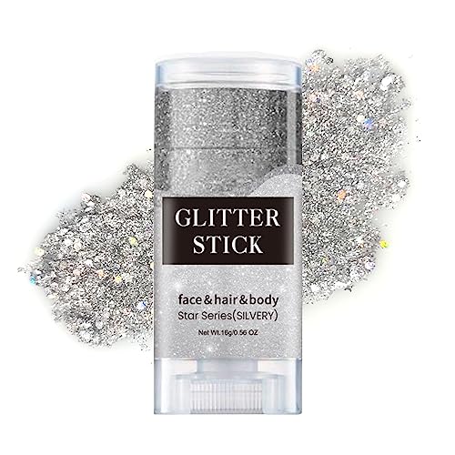 Erinde Silver Body Glitter Stick, Singer Concerts Face Shimmer Glitter Gel, Mermaid Chunky Glitter Sequins, Music Festival Rave Accessories Hair Sparkling Holographic Glitter Makeup, 0.56oz