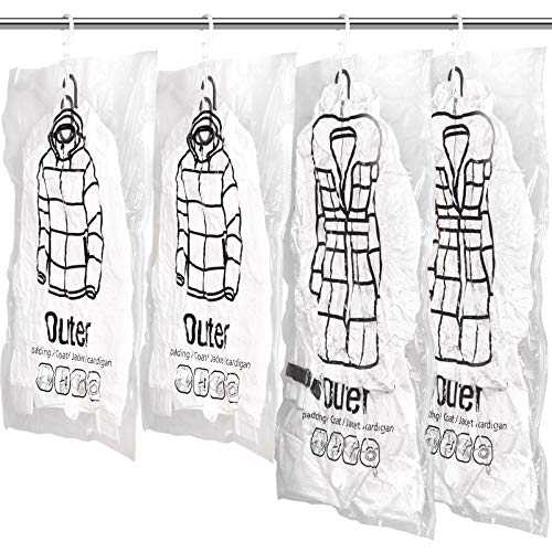 Meetall 4Pack Hanging Vacuum Storage Bag Reusable Space Saver Compressed Bag with Hangers.2pcs in 26.3x35.4inch(67x90cm) and 2pcs in 26.3x43.3inch (67x110cm).Work with Any Vacuum Cleaner.