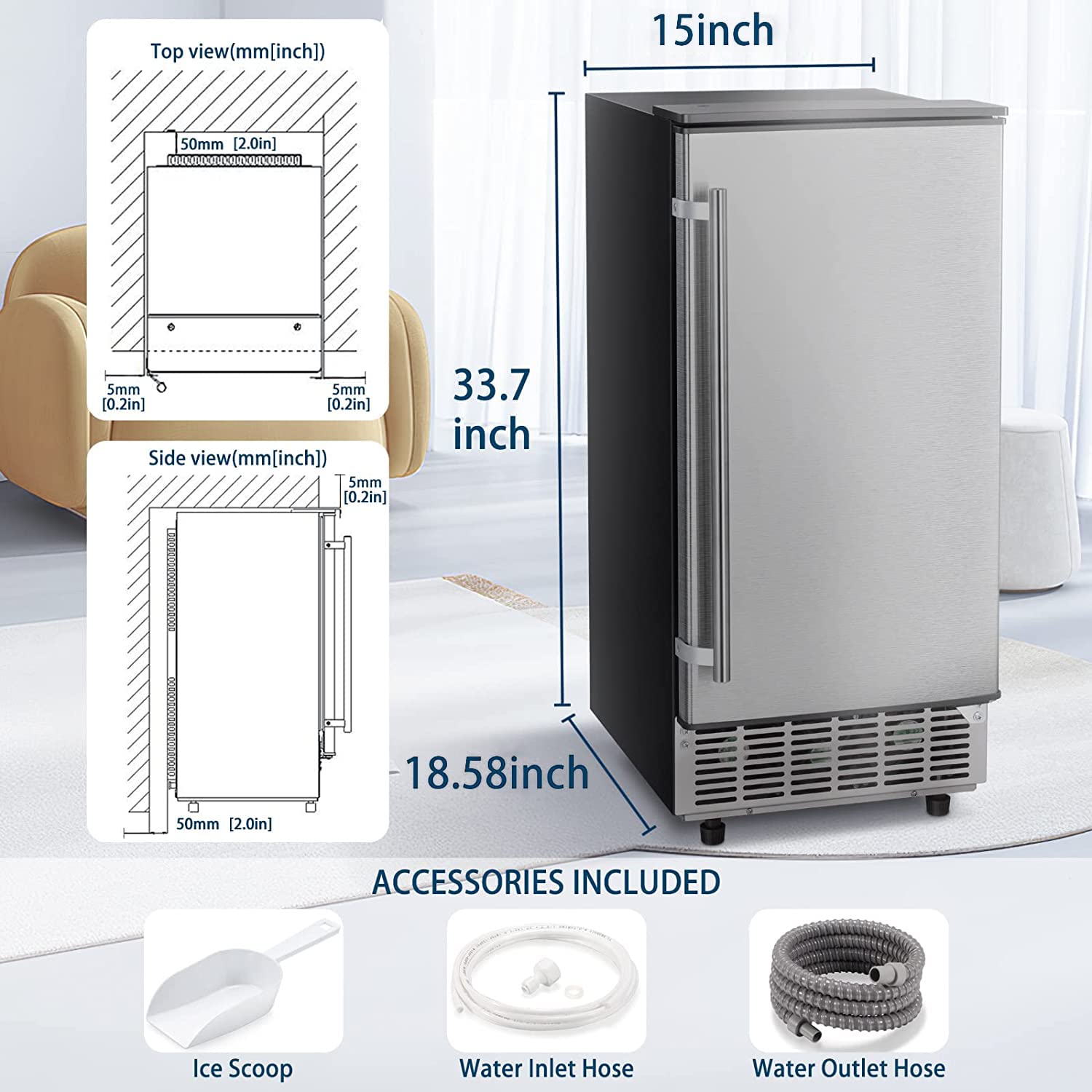 Antarctic Star Ice Maker 115V 60Hz Ice Scoop Handle Water Inlet Pipe Draining Pipe Quick Connector 40 Square Ice Cubes in 20 Minutes 80lbs in 24H 24-Hour Timer Self-Cleaning, Silver