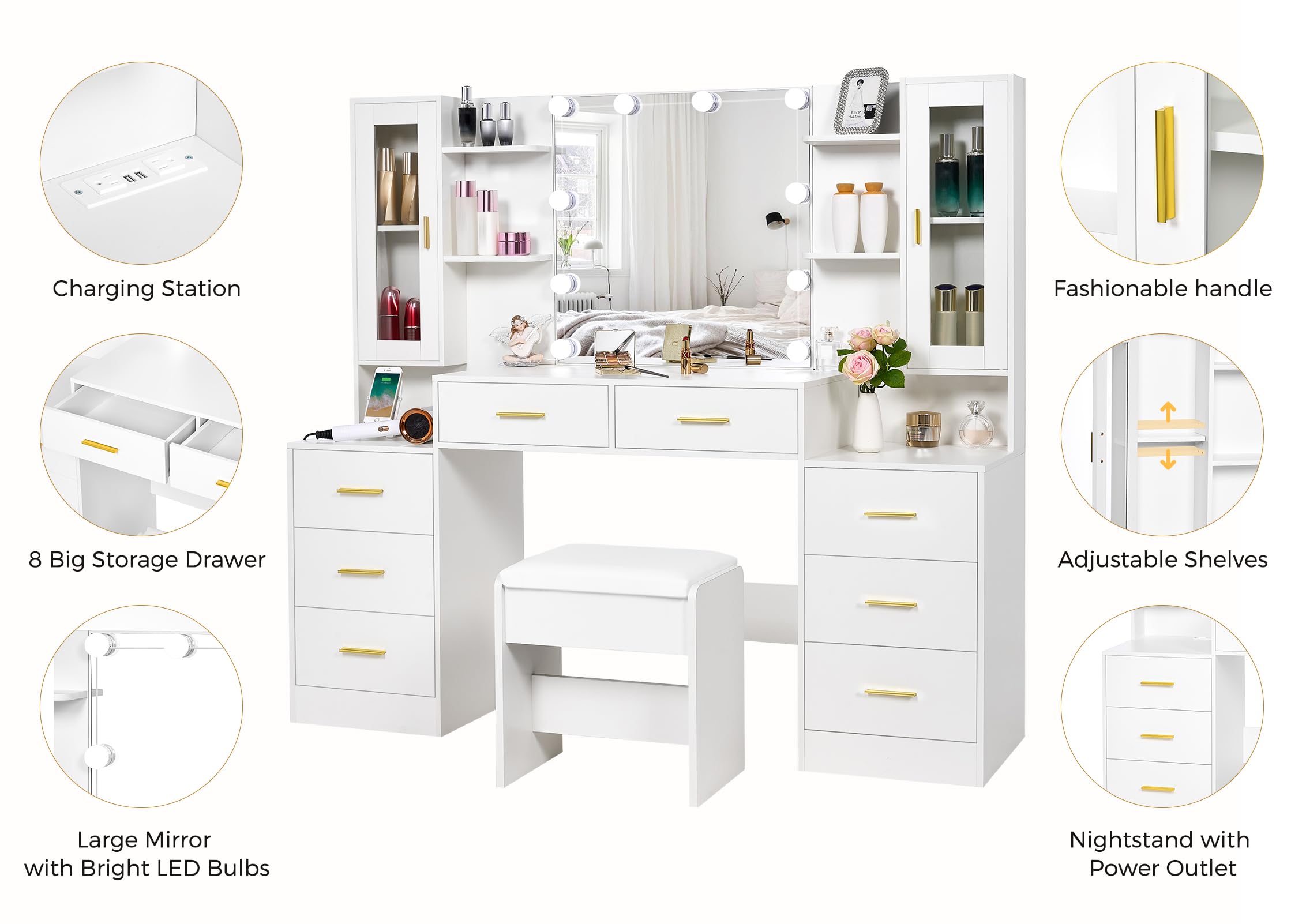 ANWBROAD 59.1" Large Vanity Desk Table with Mirror & Lights White Makeup Vanity with Power Outlet and 8 Drawers 2 Cabinets 3 Lighting Modes Adjustable Vanity Table for Bedroom Dressing Room UBDT67W