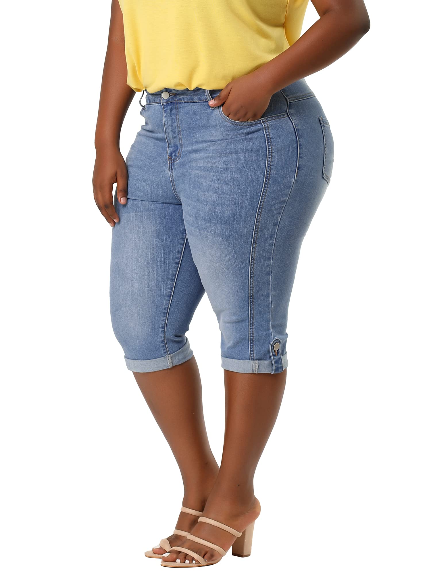 Agnes Orinda Capri Denim Jeans for Women's Plus Size Mid-Rise Fit Curvy Stretch Skinny Jean Capris with Pocket 4X Light Blue