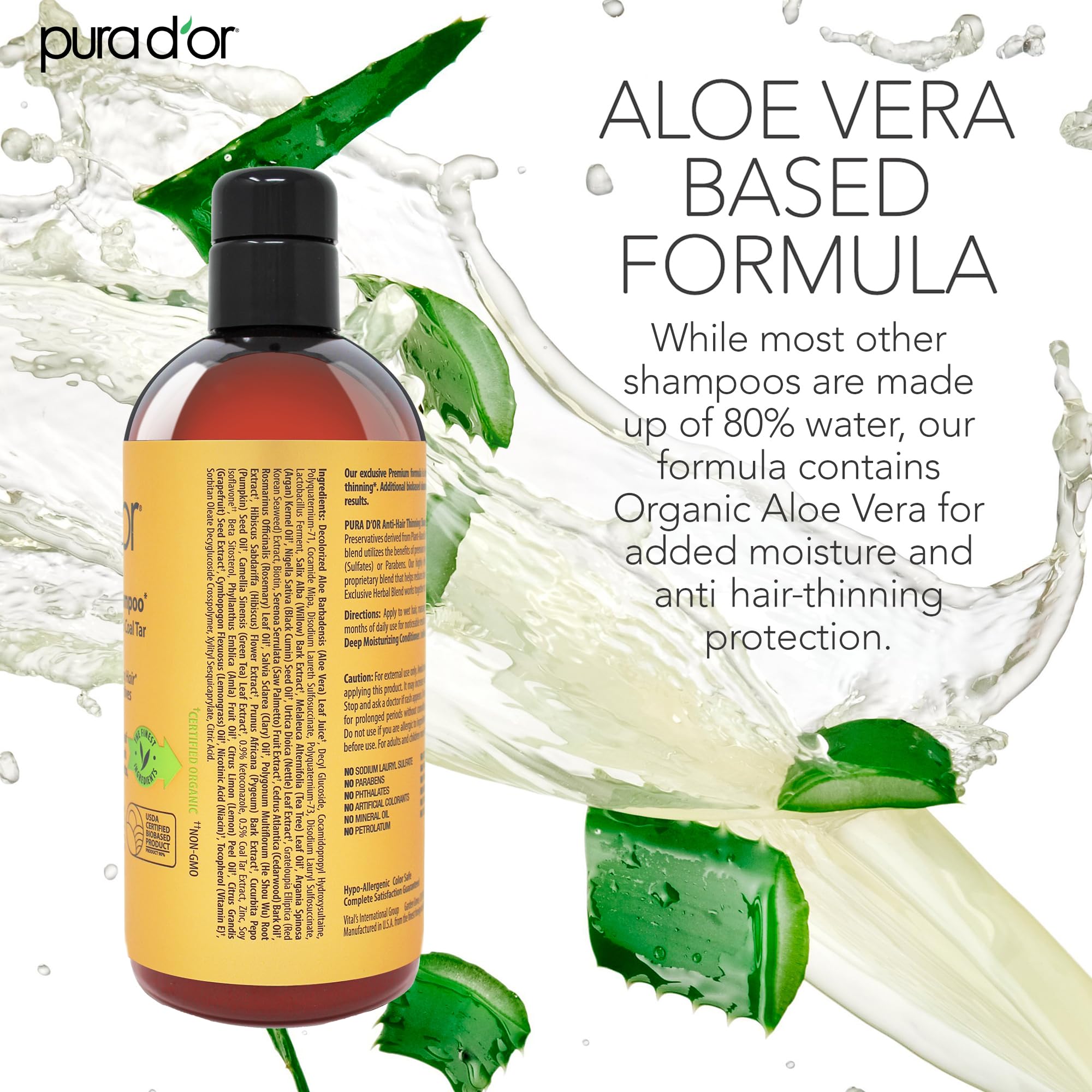 PURA D'OR 16 Oz MD Anti-Hair Thinning Maximum Defense Shampoo - 0.5% Coal Tar, Biotin, 19+ DHT Herbal Blend For Dry & Itchy Scalp, No Sulfates - For Men & Women