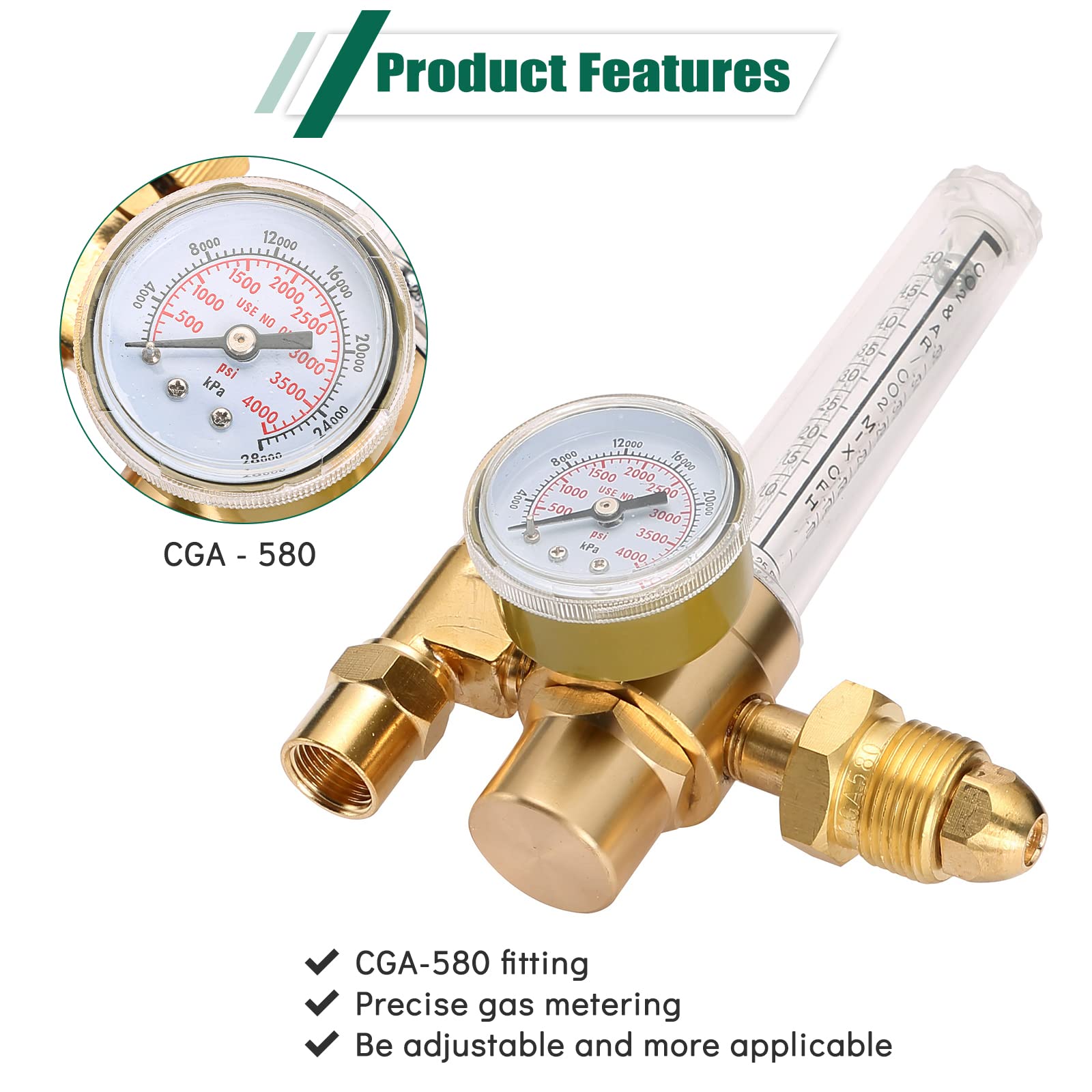 ATPEAM CO2 Argon Regulator TIG Welder MIG Welding CO2 Flowmeter 10 to 50 CFH - 0 to 4000 psi Pressure Gauge with 6.5 Foot Hose CGA580 Inlet Connection Gas Welder Welding Regulator