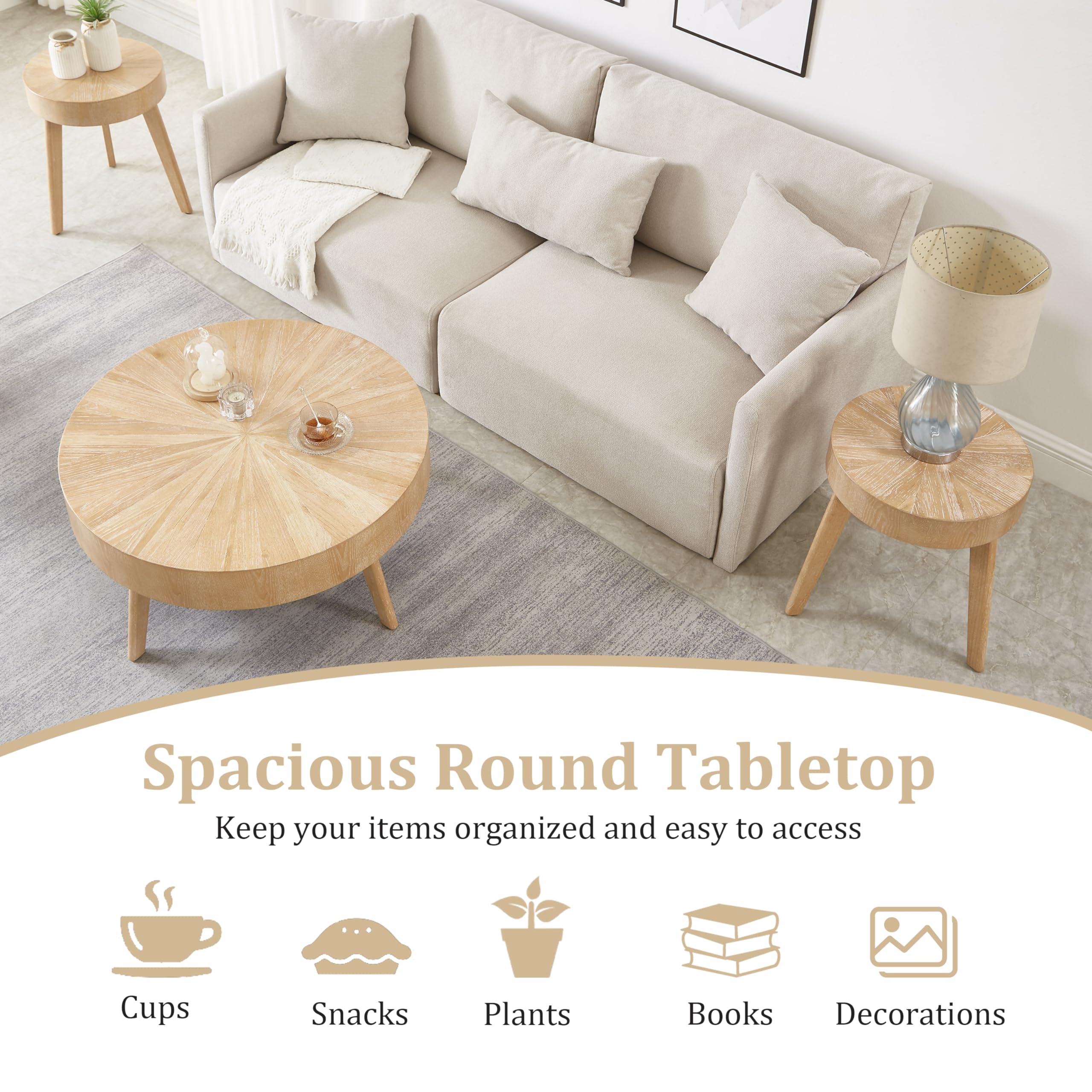 Gexpusm 2-Piece Solid Wood Coffee Table Set, Rustic Round Farmhouse End Tables for Living Room, 31x31x16 in, Light Brown