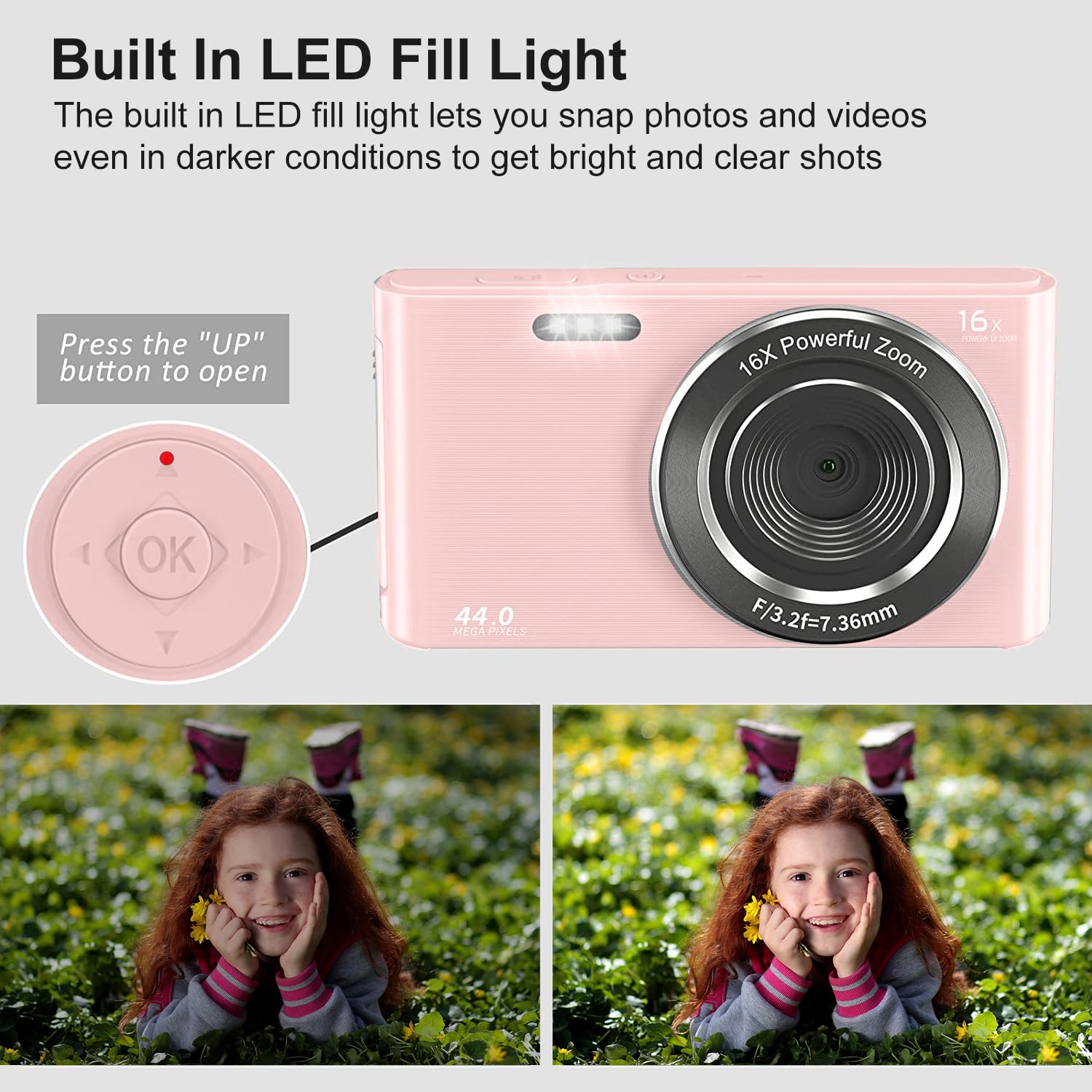Acuvar 44MP Compact Point and Shoot Digital Camera, 16X Digital Zoom, 2.4 Inch Screen & 32GB SD Card, Vlogging Camera for Kids Teens Students Boys Girls Seniors (Pink)