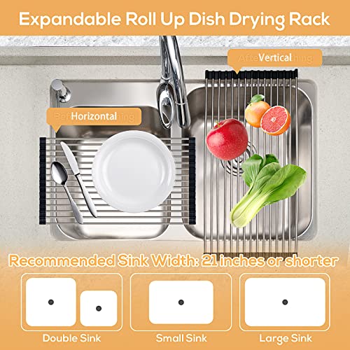Atposh Roll up Dish Drying Rack 21β*11.5β Over The Sink Dish Drainer for Kitchen Counter Portable Versatile Foldable Dish Drying Rack Mat Silicone Wrapped SUS304 Stainless Steel Dish Drying Rack